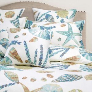 Usning Beachy Duvet Covers Queen Size, 100% Cotton Soft Coastal Bedding 3 Pieces, Starfish and Sealife Bedding Set Design with Zipper Closure and Corner Ties, Queen Size, Seashell Pattern