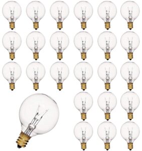 konictom 25 pack g40 clear globe light bulbs, 1.5 inch night light replacement bulbs for indoor outdoor patio decor, c7 candelabra socket base, 5w