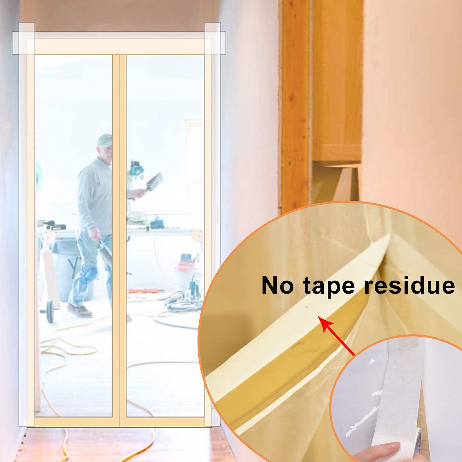 Dust Barrier, Plastic Zipper Door Dust Protection Kit, Construction Door Cover with Zipper for Kitchen, Bathroom, Hallway Remodel, Fit Standard Doorway 4'W x 7.5'H (4' x 7.5')