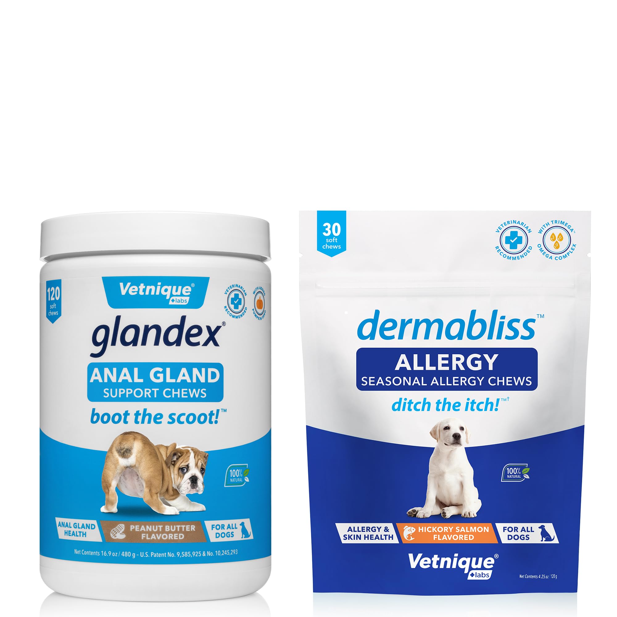 Glandex Anal Gland Support Chews 120 Ct and Dermabliss Allergy Chews 30 Ct Bundle, Peanut Butter + Hickory Salmon Flavors, Dog Vitamins and Supplements, Dog Allergy Chews, Dog Allergies Treatment