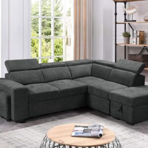 Lilola Home Henrik Dark Gray Sleeper Sectional Sofa with Storage Ottoman and 2 Stools