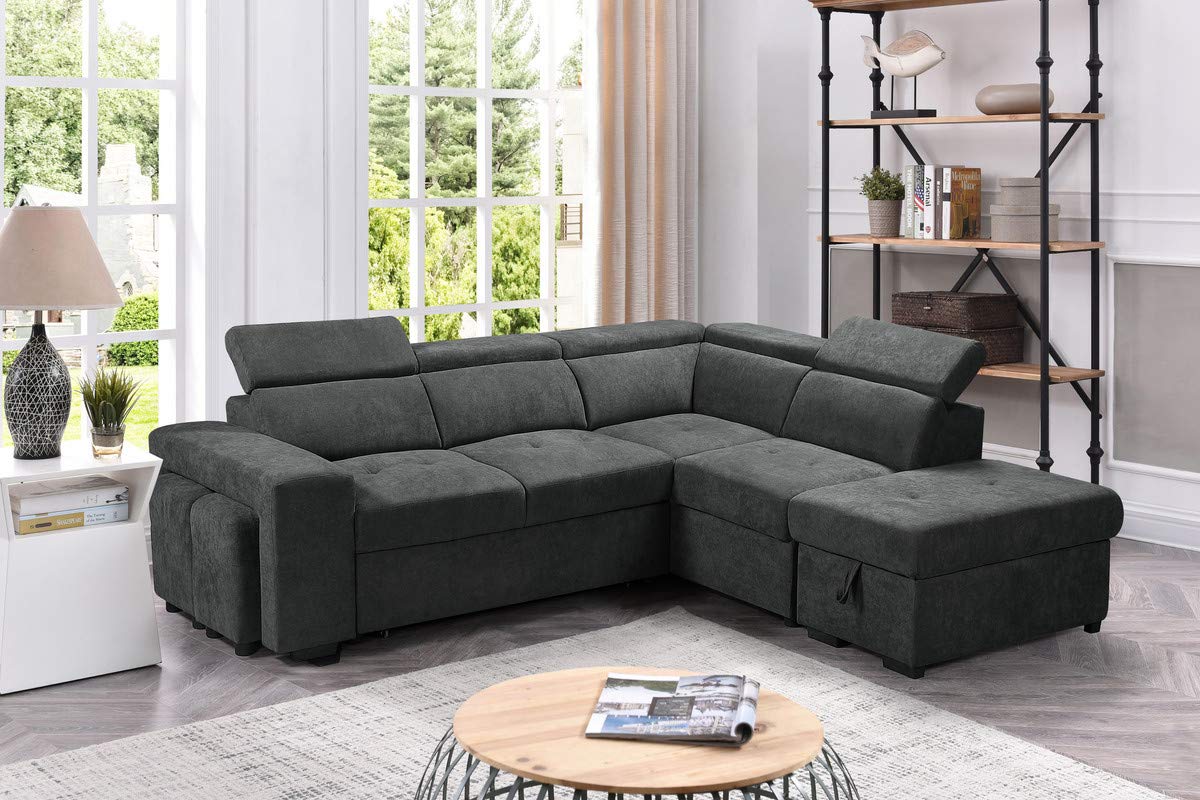 Lilola Home Henrik Dark Gray Sleeper Sectional Sofa with Storage Ottoman and 2 Stools