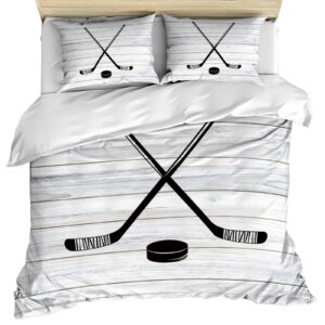 luxury bedding duvet cover full, sports ice hockey duvet quilt cover and pillow shams 3 piece bedding set, rustic wood cotton soft/cozy duvet cover set for bedroom, machine washable