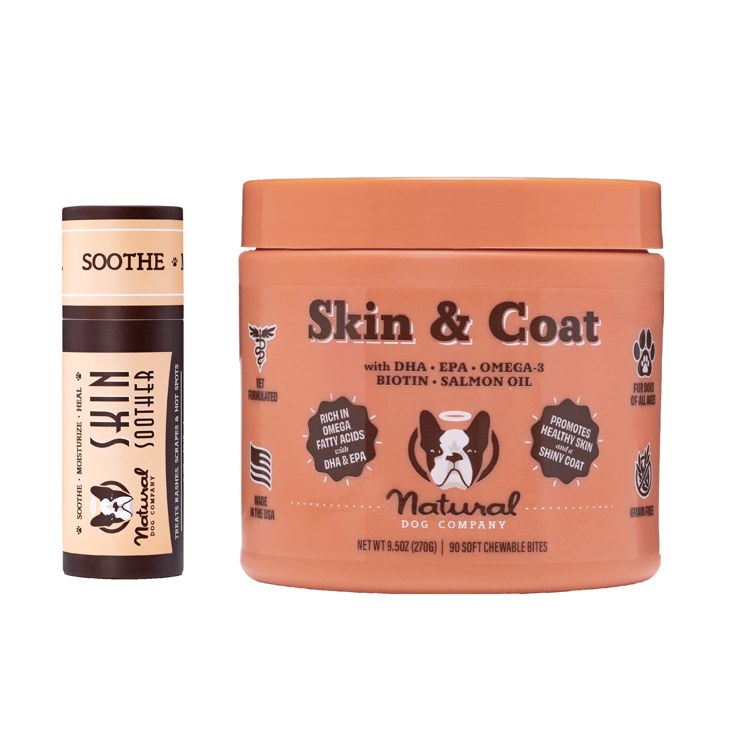 Natural Dog Company Skin & Coat Essentials Bundle, Skin & Coat Supplement + Skin Soother Healing Balm, Promotes Healthy Skin & Coat and Relieves Dry, Itchy Skin