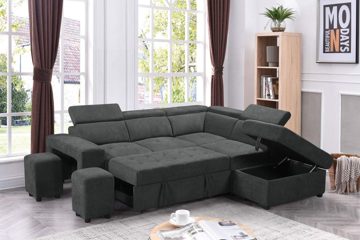 Lilola Home Henrik Dark Gray Sleeper Sectional Sofa with Storage Ottoman and 2 Stools