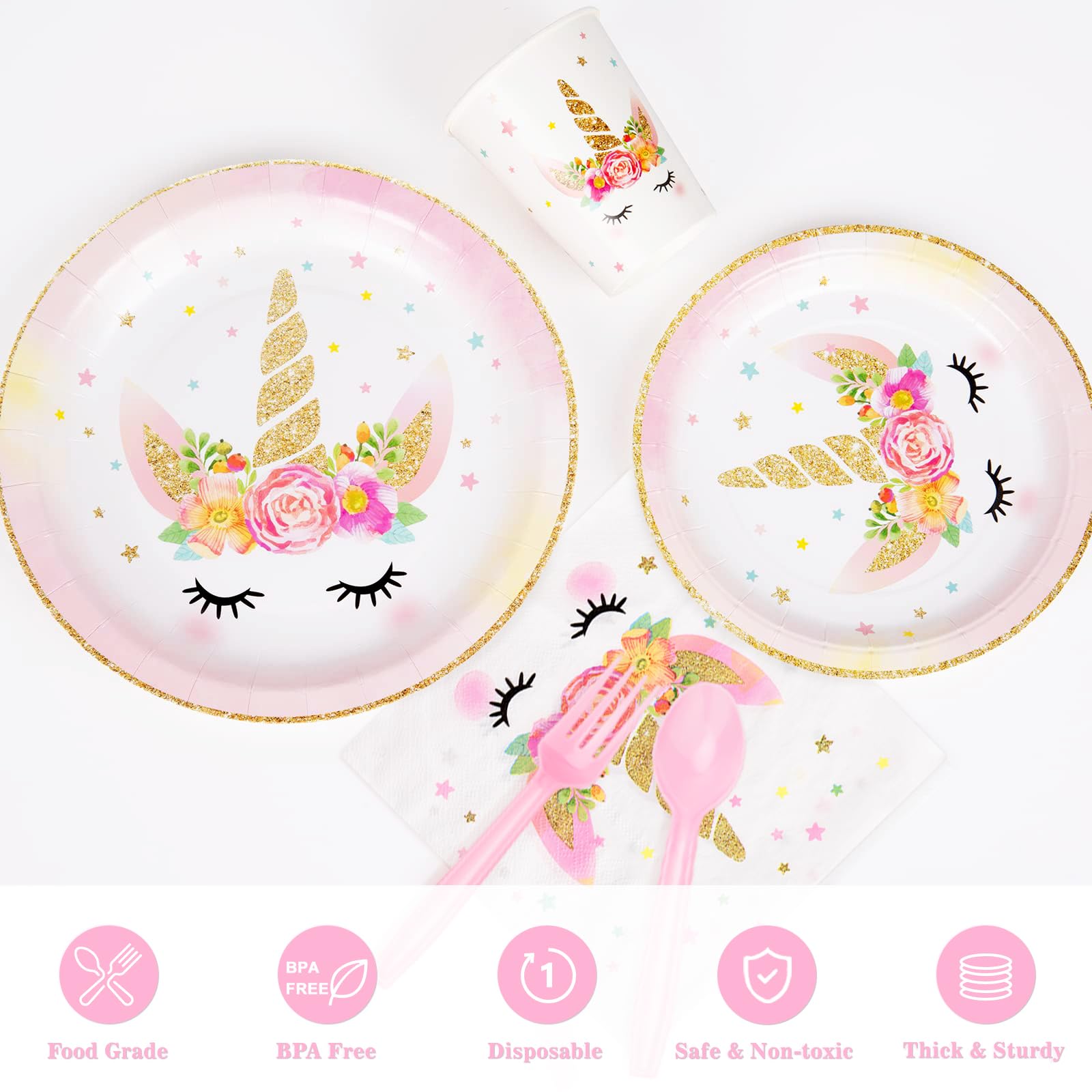 DECORLIFE Unicorn Plates and Napkins Set Serves 16, Unicorn Party Supplies for Girls Birthday, Baby Shower, Cups, Knives, Forks, Spoons Included, Total 112PCS