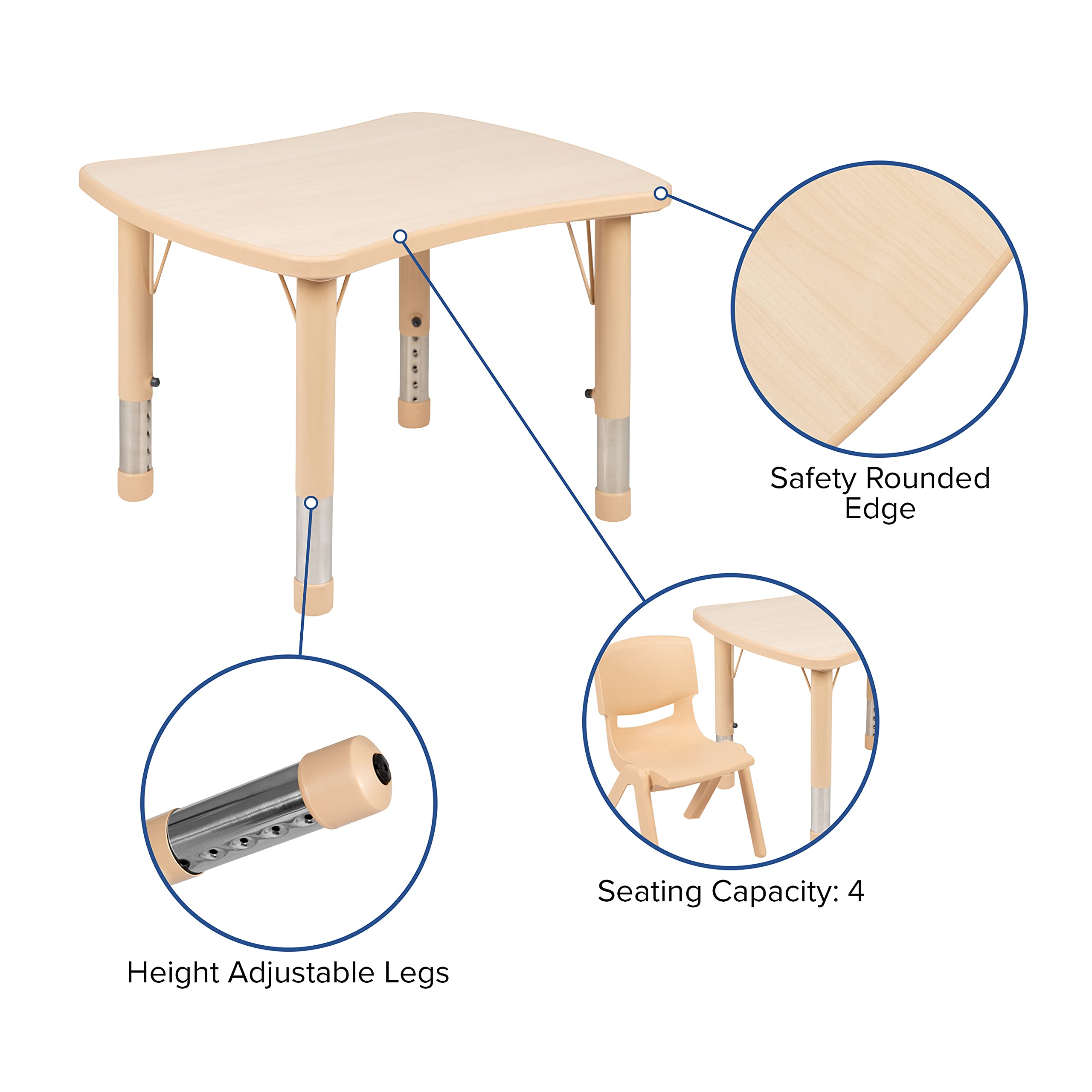 EMMA + OLIVER 21.875" W x 26.625" L Natural Plastic Adjustable Activity Table-School Table for 4