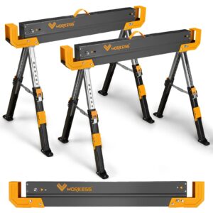 workess saw horses 2 pack folding, 2600 lbs load capacity & 24-32 inch adjustable height heavy duty sawhorse table with 2x4 support arms, portable folding legs and easy grip handle for woodworking