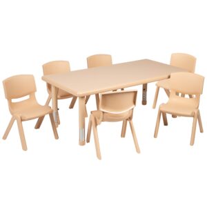 EMMA + OLIVER 24" W x 48" L Rectangle Natural Plastic Adjustable Activity Table Set - 6 Chairs