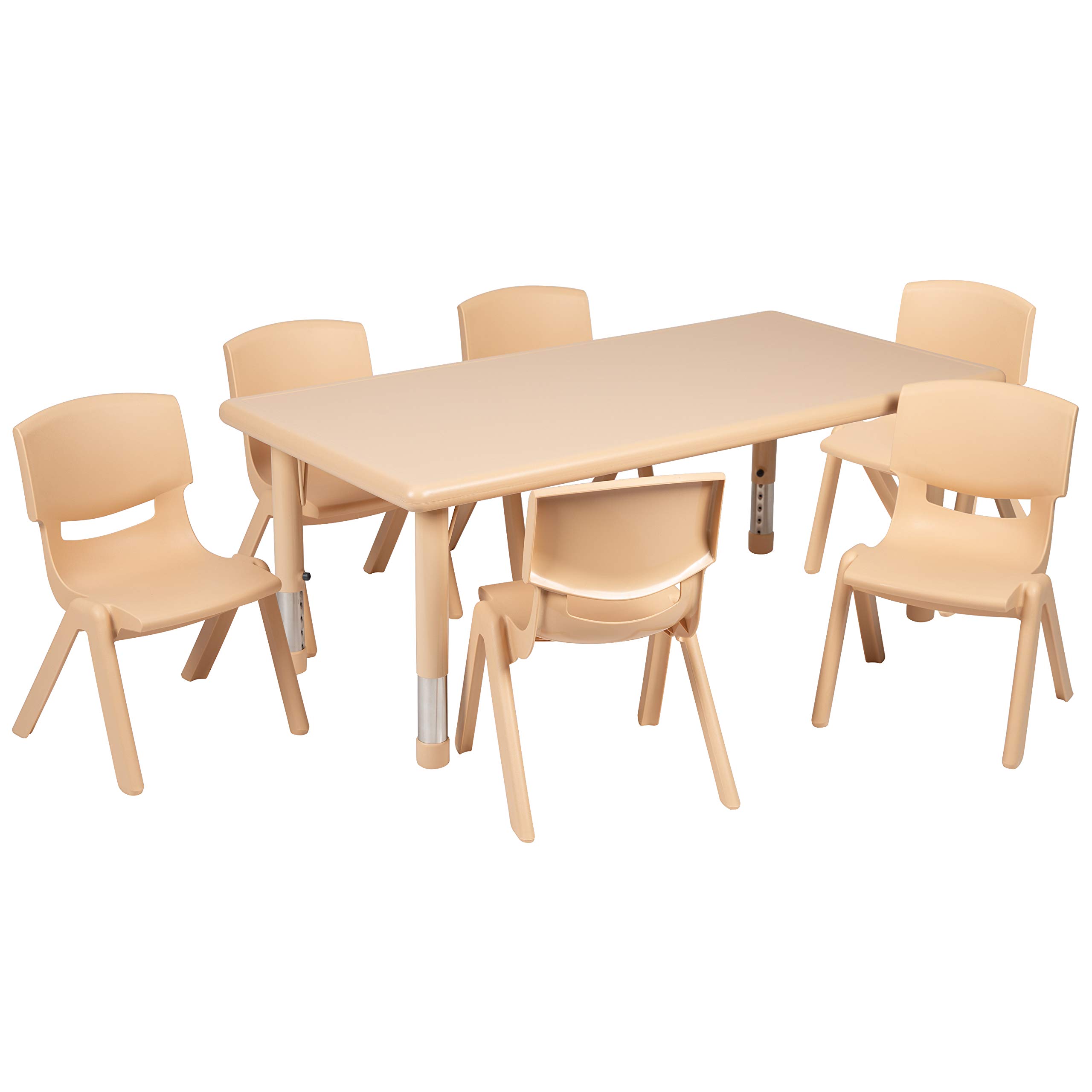 EMMA + OLIVER 24" W x 48" L Rectangle Natural Plastic Adjustable Activity Table Set - 6 Chairs