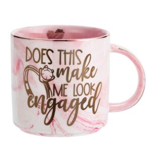 engagement gifts for women - funny coffee mug - bride to be engaged fiance novelty coffee mugs gift for her - does this ring make me look engaged - 11.5oz pink marble ceramic cup