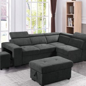 Lilola Home Henrik Dark Gray Sleeper Sectional Sofa with Storage Ottoman and 2 Stools