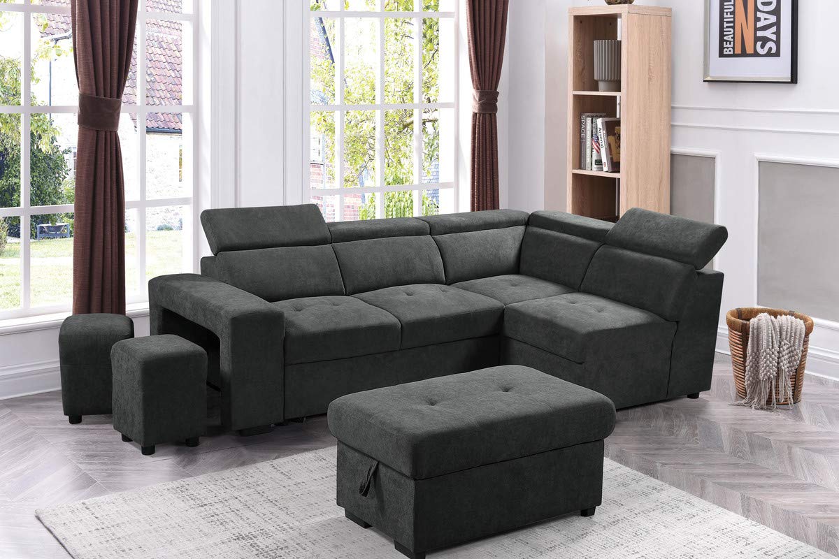 Lilola Home Henrik Dark Gray Sleeper Sectional Sofa with Storage Ottoman and 2 Stools