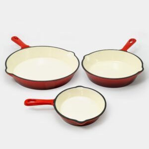 excelsteel 3 pc cast iron skillet set w/red enamel coating, perfect for home stovetop and delicious outdoor cooking skillet set