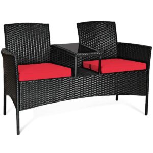 happygrill patio loveseat rattan wicker loveseat with coffee table, outdoor conversation sofa furniture with cushions for garden lawn backyard porch