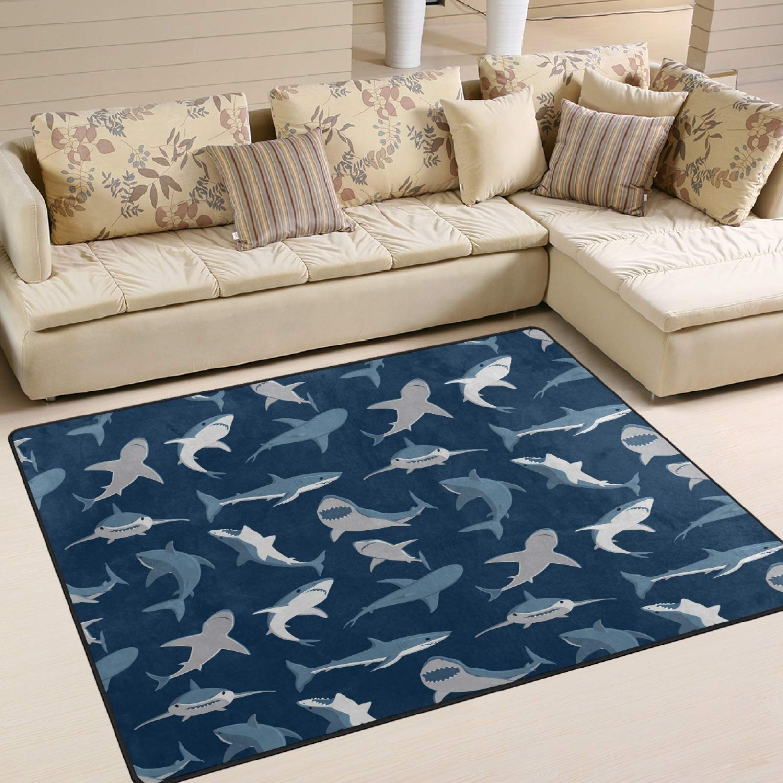 ALAZA Underwater World Shark Fish Non Slip Area Rug 5' x 7' for Living Dinning Room Bedroom Kitchen Hallway Office Modern Home Decorative