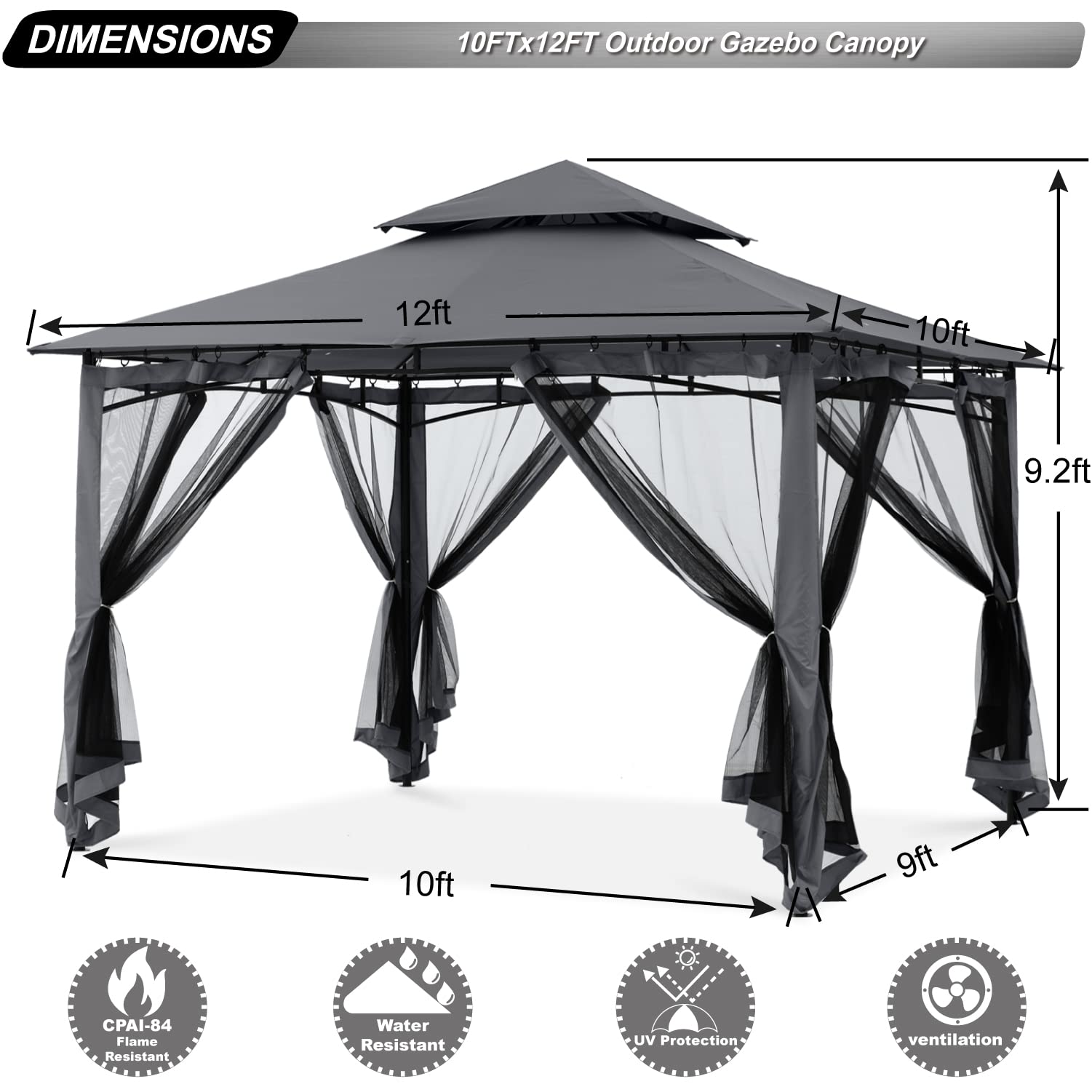 ABCCANOPY Gazebos for Patios 10x12 - Outdoor Steel Frame Gazebo with Mosquito Netting for Lawn Backyard Garden Deck (Dark Gray)