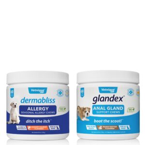 vetnique labs dermabliss allergy chews 60ct & glandex anal gland support chews 60ct peanut butter bundle vet-strength dog vitamins & supplements, anal gland support with probiotics, dog allergies