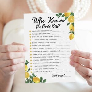 Lemon Bridal Shower Game with Bride to Be Sash-Set of 6 Activities Lemonade Bridal Shower Bachelorette Before Wedding Game for 50 Guests- 300 Cards Total, 50 Per Game, Gold