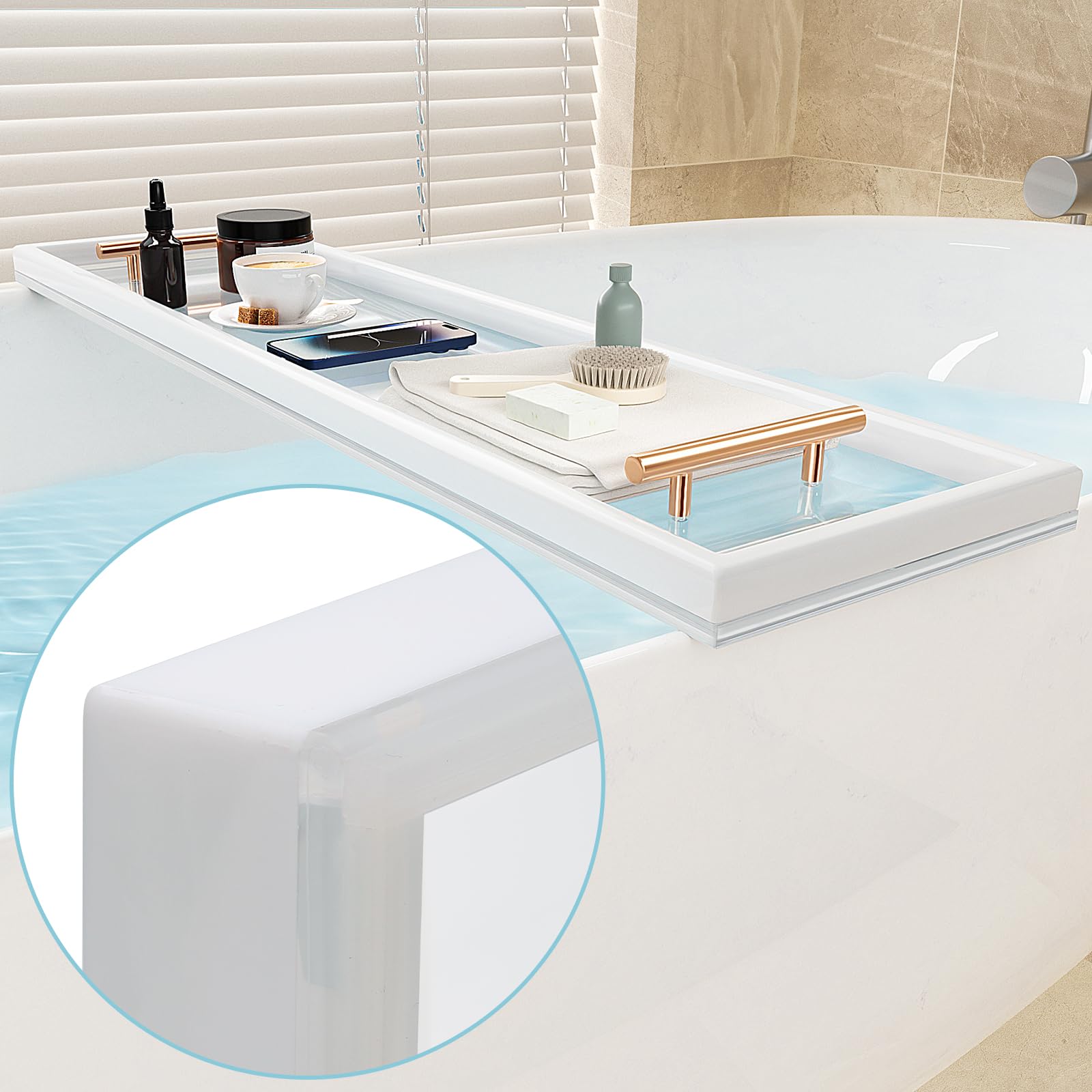 ZXMOTO Clear Bathtub Caddy Tray 33 Inch Acrylic Bathtub Caddy Tray with Stainless Steel Handles (Gold)