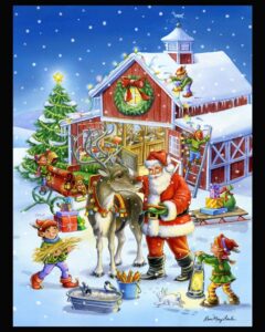 ready rudolph by rose mary berlin - christmas digitally printed panel fabric - santa elves reindeer - 100% cotton