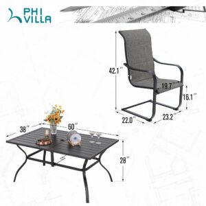 PHI VILLA 7 Piece Outdoor Patio Dining Set, 60"x38" Rectangle Dining Table(1.57" Umbrella Hole) & 6 High Back Rocking Chairs with Padded, Outdoor Furniturte Set for Patio, Yard, Deck