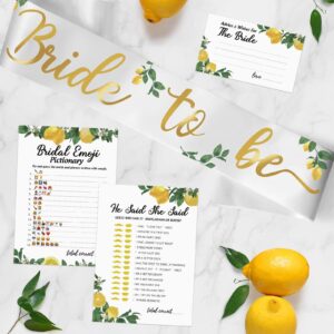 Lemon Bridal Shower Game with Bride to Be Sash-Set of 6 Activities Lemonade Bridal Shower Bachelorette Before Wedding Game for 50 Guests- 300 Cards Total, 50 Per Game, Gold