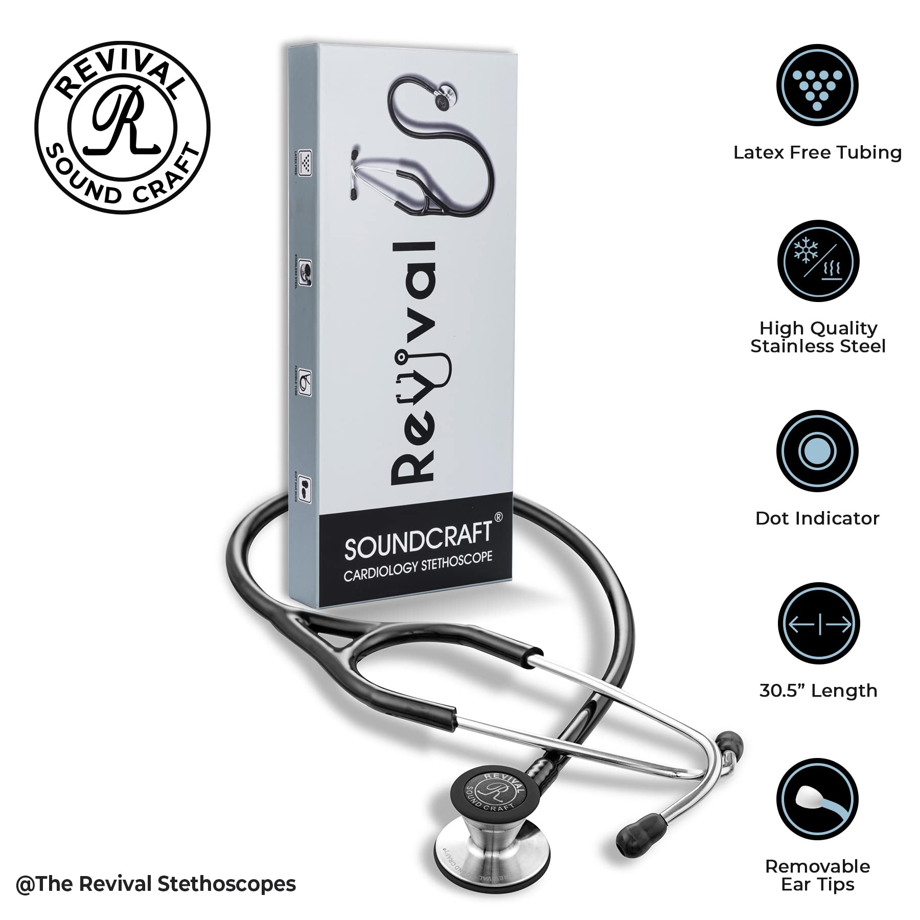 Revival Soundcraft Cardiology Stainless-Steel Dual Head Stethoscope, for Cardiologists, Pulmonologists, Heart and Lung Specialists, Nurses, Medical Students (Black)