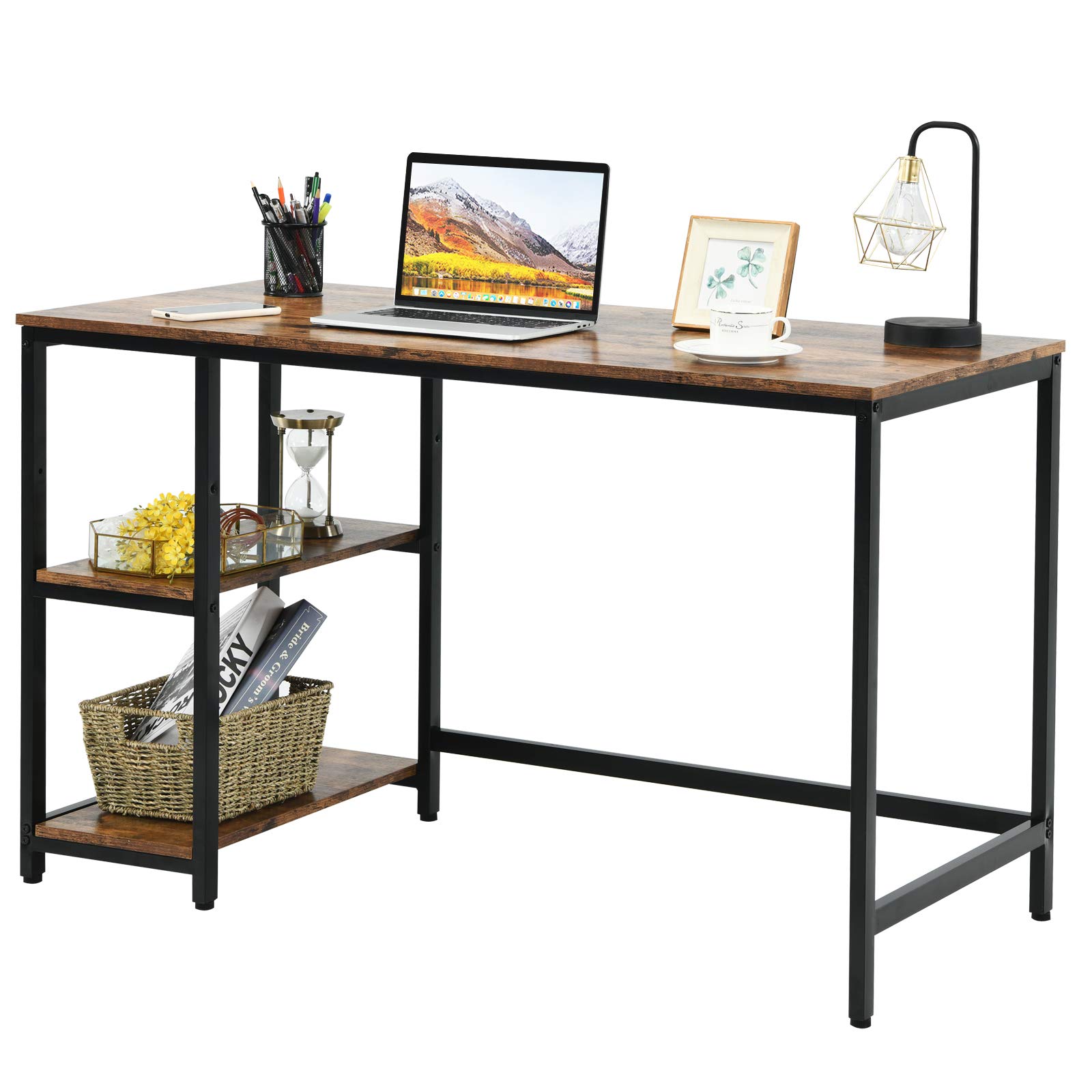 Tangkula Home Office Computer Desk with 2 Storage Shelves, Industrial Study Writing Desk Workstation Laptop Table with Sturdy Metal Frame (Rustic Brown)