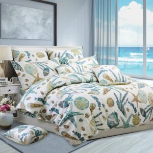 usning beachy duvet covers queen size, 100% cotton soft coastal bedding 3 pieces, starfish and sealife bedding set design with zipper closure and corner ties, queen size, seashell pattern