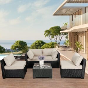 Outdoor Patio PE Wicker 5 Piece Furniture Set, Black Rattan Sectional Conversation Sofa Chair with Coffee Table,Khaki Cushion