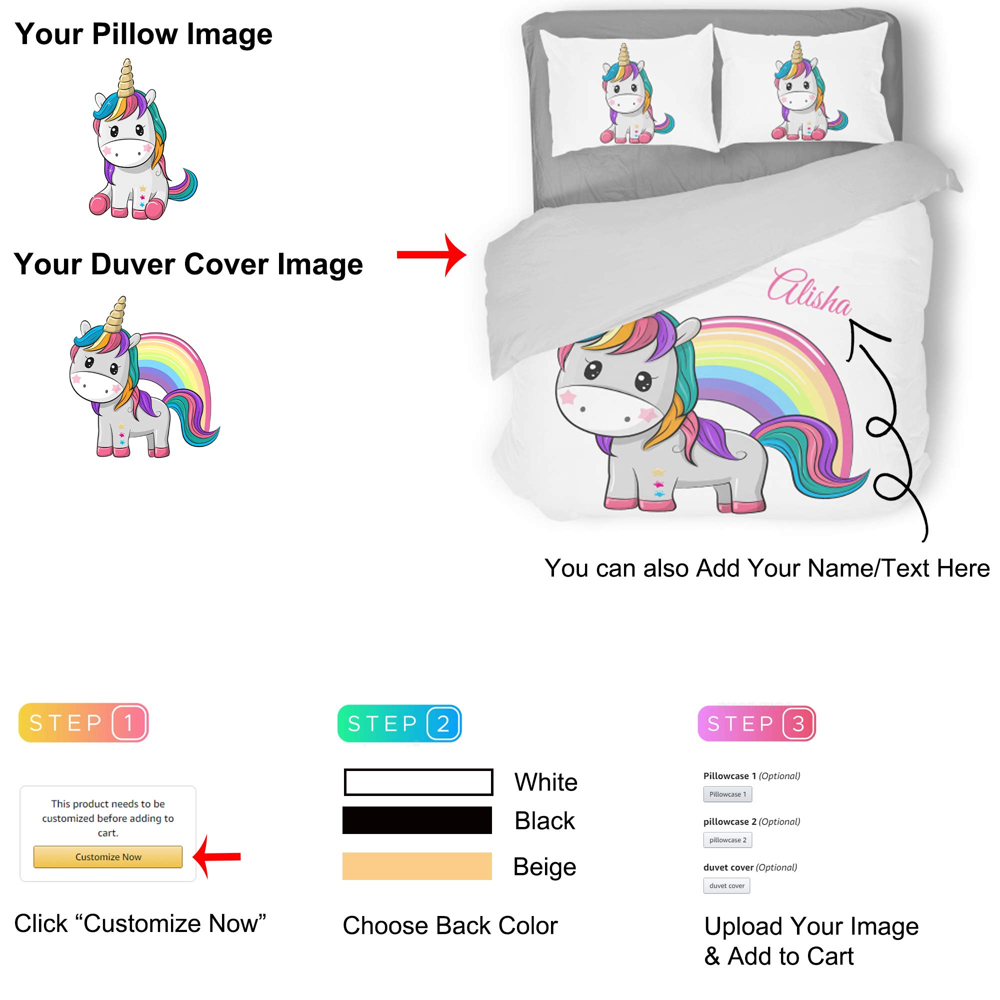 Custom Bedding Set with Photo & Text, Personalized Kids Duvet Cover Sets with 2 Pillowcases Gift for Family Girls Boys (No Comforter)