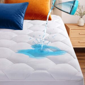 twin xl quilted waterproof mattress pad cover,soft mattress pad cover, waterproof mattress protector stretches up to 16” deep pocket-hollow alternative filling-cooling mattress topper