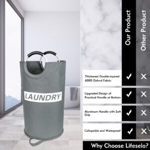 Lifesela 82L Large Laundry Basket, Collapsible Oxford Fabric Laundry Hamper, Durable Laundry Bag with Handle, Waterproof and Easy Carry Clothes Basket Clothes Washing Bin, 15" D × 28"H (Grey)