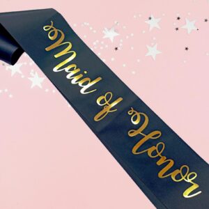 magnusson's garden maid of honor sash, bachelorette party black and gold sash, bridal shower decorations, wedding party accessories, chief bridesmaid proposal gift ideas