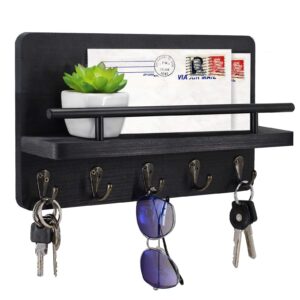 key holder and mail shelf wall mounted, decorative wall mail organizer with shelf, wood hanging mail sorter shelf with 5 key hooks, 100% pine wood letter, bill and newspaper storage shelf (black)