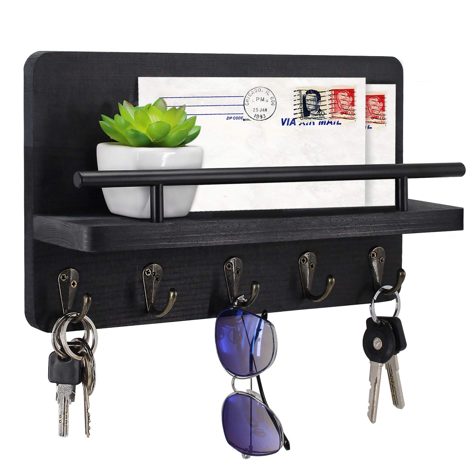 Key Holder and Mail Shelf Wall Mounted, Decorative Wall Mail Organizer with Shelf, Wood Hanging Mail Sorter Shelf with 5 Key Hooks, 100% Pine Wood Letter, Bill and Newspaper Storage Shelf (Black)