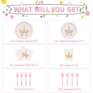 DECORLIFE Unicorn Plates and Napkins Set Serves 16, Unicorn Party Supplies for Girls Birthday, Baby Shower, Cups, Knives, Forks, Spoons Included, Total 112PCS