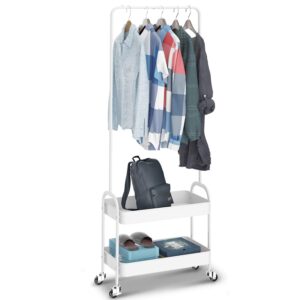 kingrack 2-in 1 garment rack, clothing rack with 2 tier metal basket, rolling storage cart clothes organizer coat rack storage stand on wheels for home bedroom laundry small place entryway, white