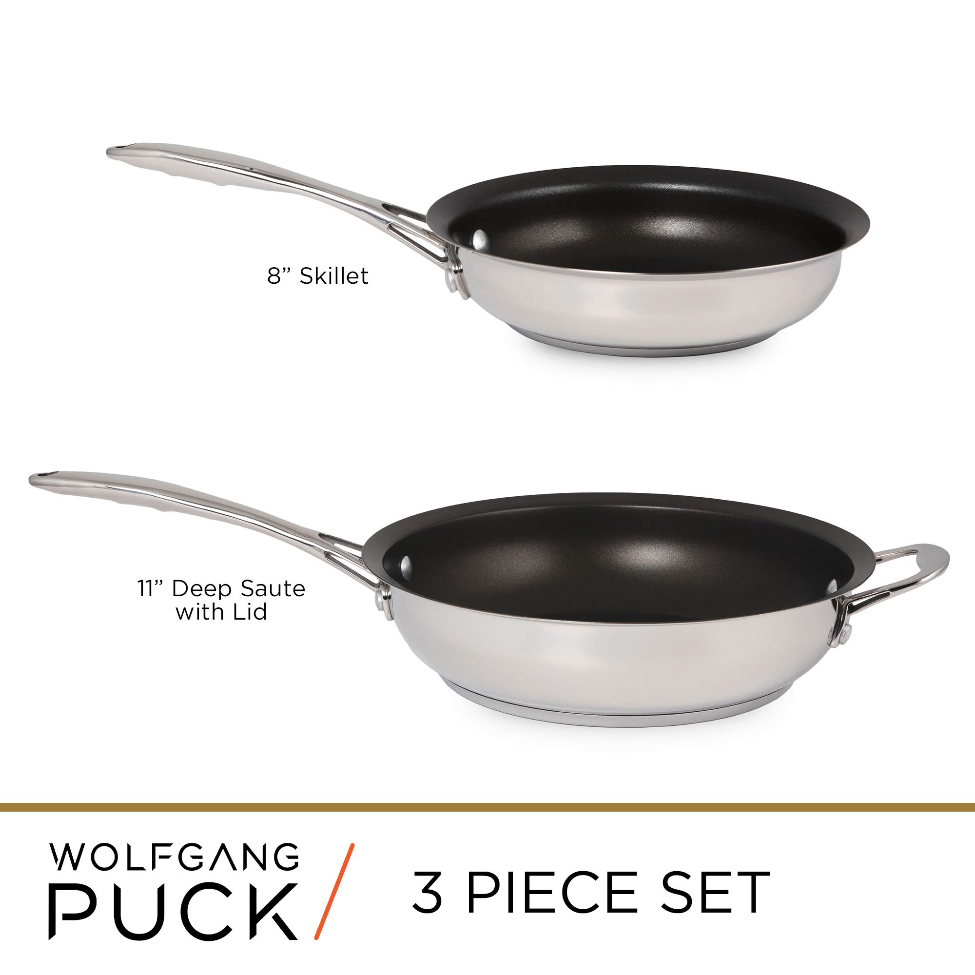 Wolfgang Puck 3-Piece Stainless Steel Skillet Set, Scratch-Resistant Non-Stick Coating, Includes a Large and Small Skillet, Clear Tempered-Glass Lid, Cool Touch Handles, Extra-Wide Rims