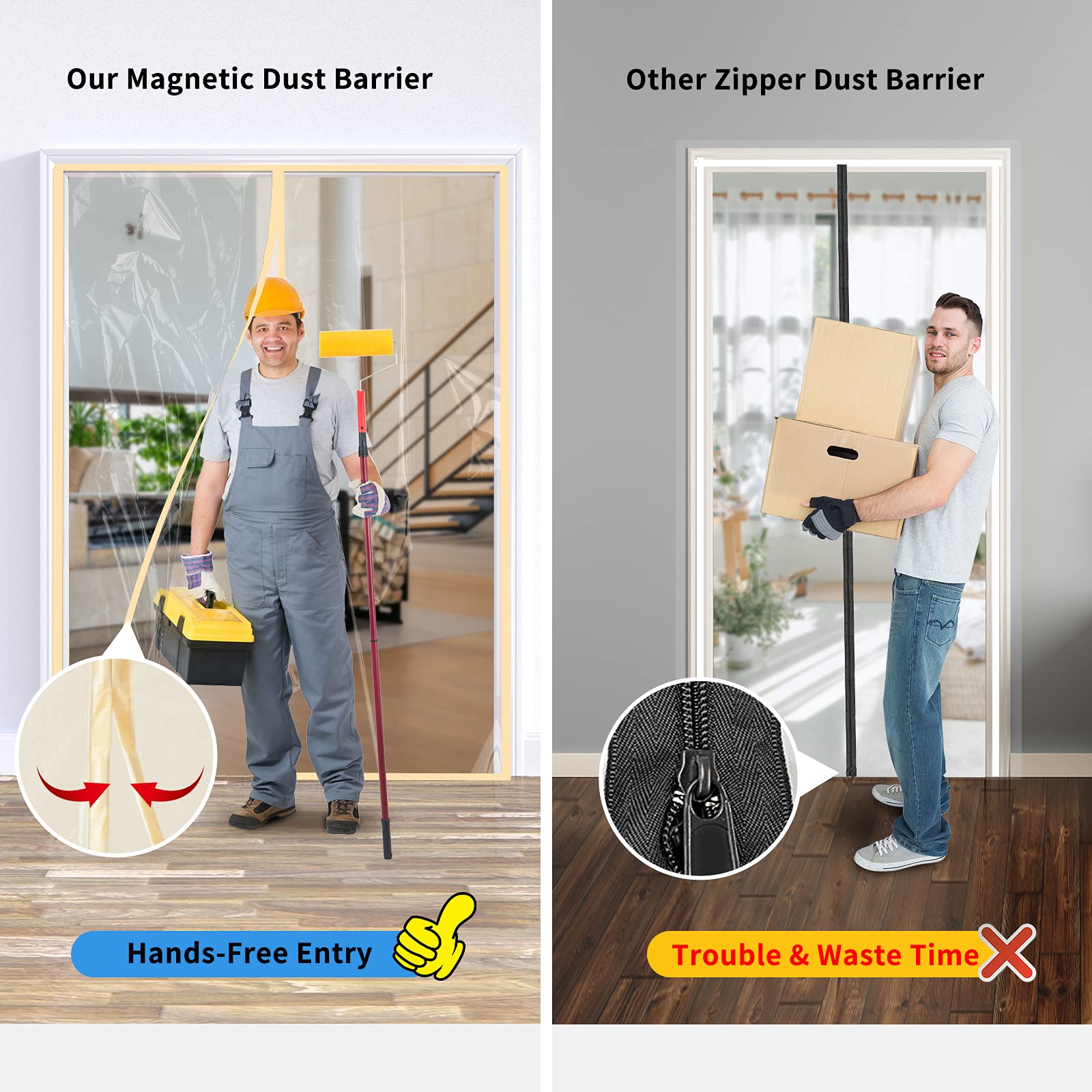 Dust Barrier, Plastic Zipper Door Dust Protection Kit, Construction Door Cover with Zipper for Kitchen, Bathroom, Hallway Remodel, Fit Standard Doorway 4'W x 7.5'H (4' x 7.5')