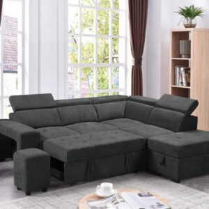 Lilola Home Henrik Dark Gray Sleeper Sectional Sofa with Storage Ottoman and 2 Stools