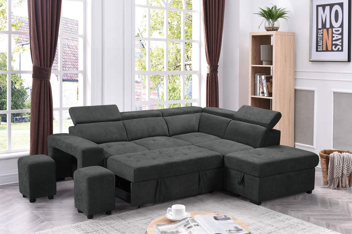 Lilola Home Henrik Dark Gray Sleeper Sectional Sofa with Storage Ottoman and 2 Stools