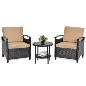 tangkula 3 piece rattan sofa set, patio conversation bistro set w/coffee table, seat and back cushions, sturdy steel frame, outdoor furniture set for garden, backyard, balcony, poolside