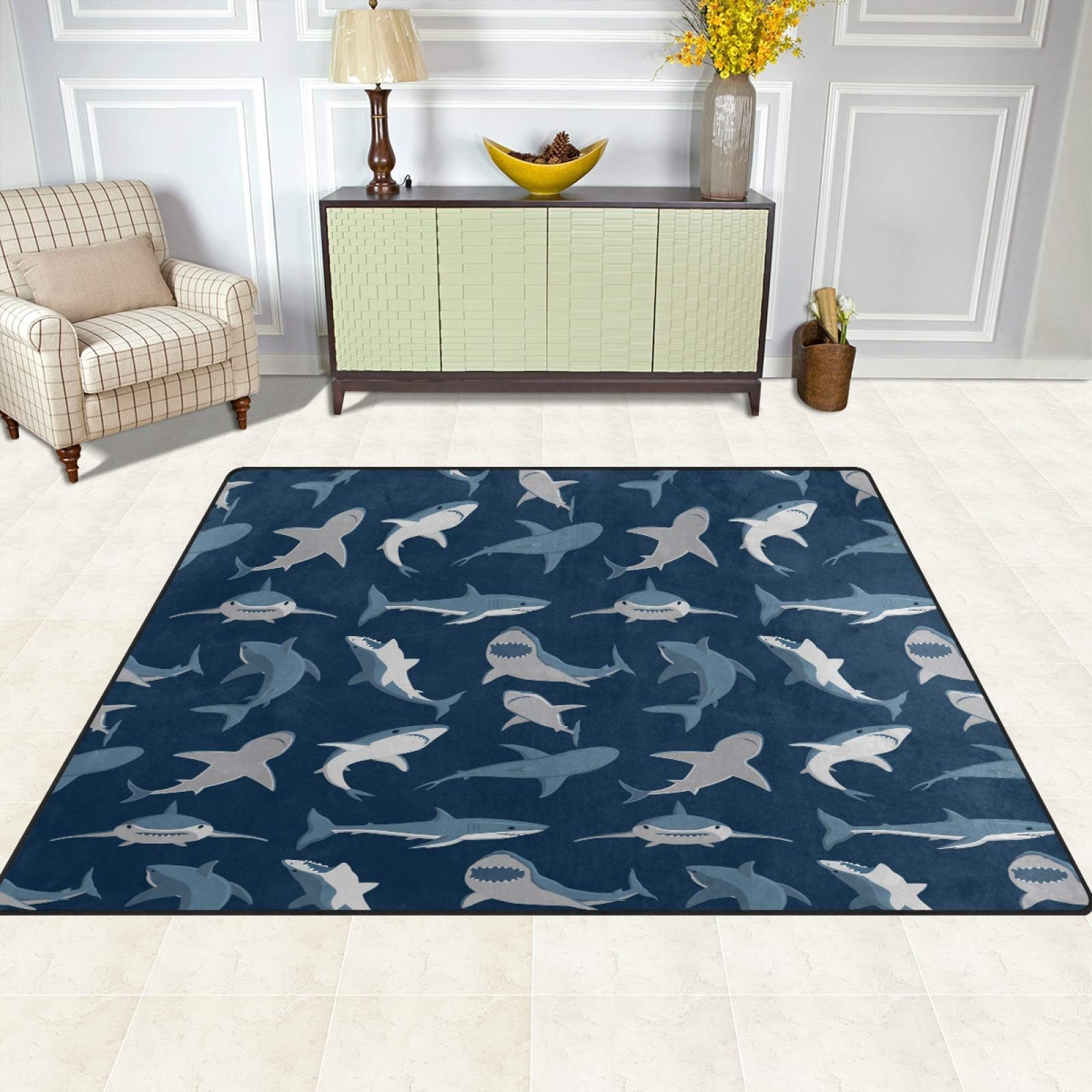 ALAZA Underwater World Shark Fish Non Slip Area Rug 5' x 7' for Living Dinning Room Bedroom Kitchen Hallway Office Modern Home Decorative