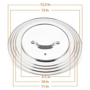 HOMVIDA Stainless Steel Universal Lid for Pans Pots Fits 8.25 9 10 11 12 Inch Cast Iron Skillets Frying Pans Woks - Design with Heat Resistant Handle and Vent Hole - Black Handle