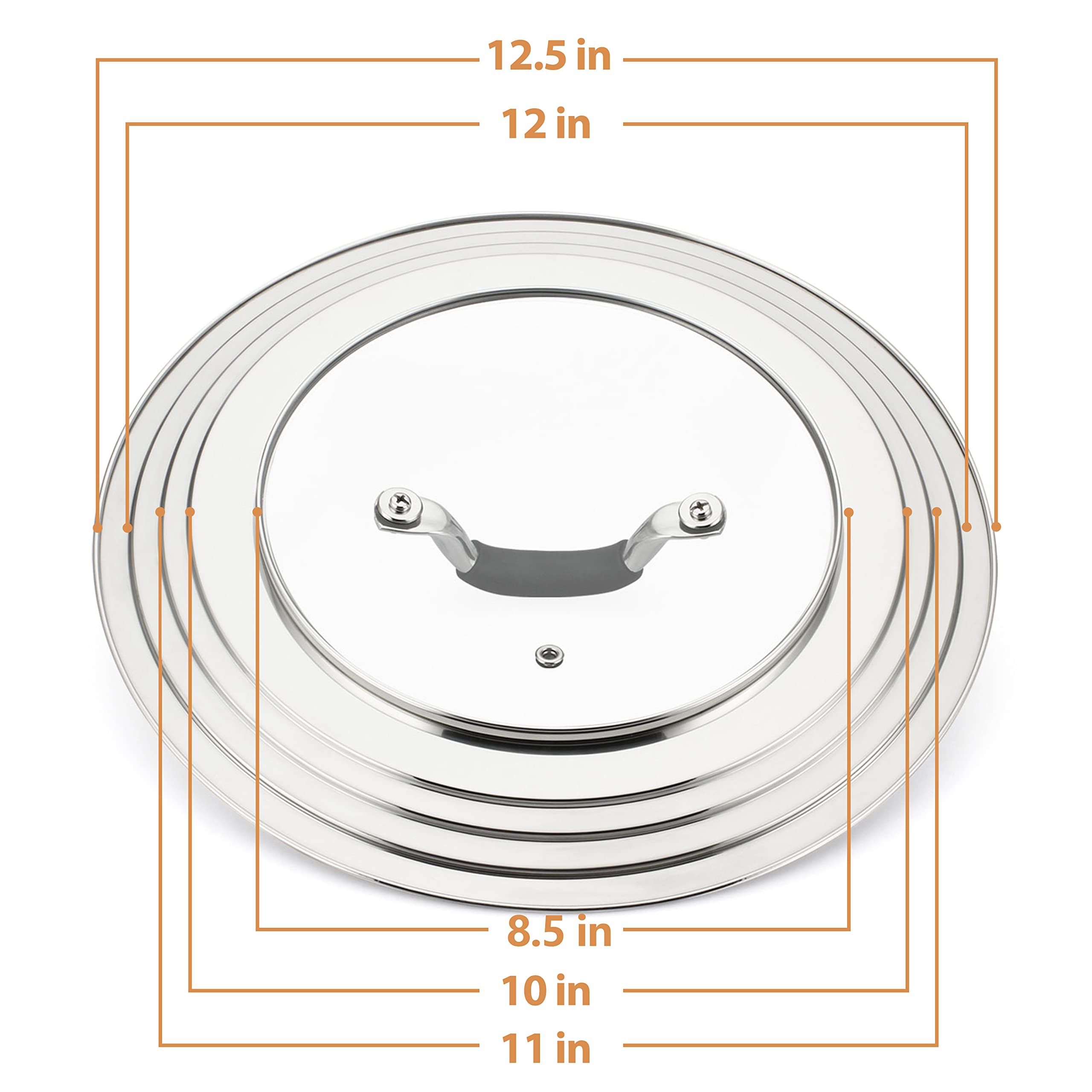 HOMVIDA Stainless Steel Universal Lid for Pans Pots Fits 8.25 9 10 11 12 Inch Cast Iron Skillets Frying Pans Woks - Design with Heat Resistant Handle and Vent Hole - Black Handle