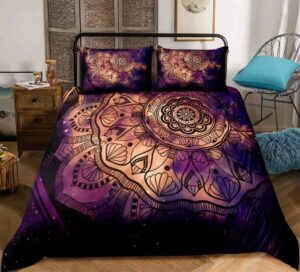 abojoy bohemian duvet cover set, purple boho chic mandala hippie indian galaxy medallion ethnic floral printed bedding soft microfiber quilt duvet cover with zipper closure(queen, 3pc)