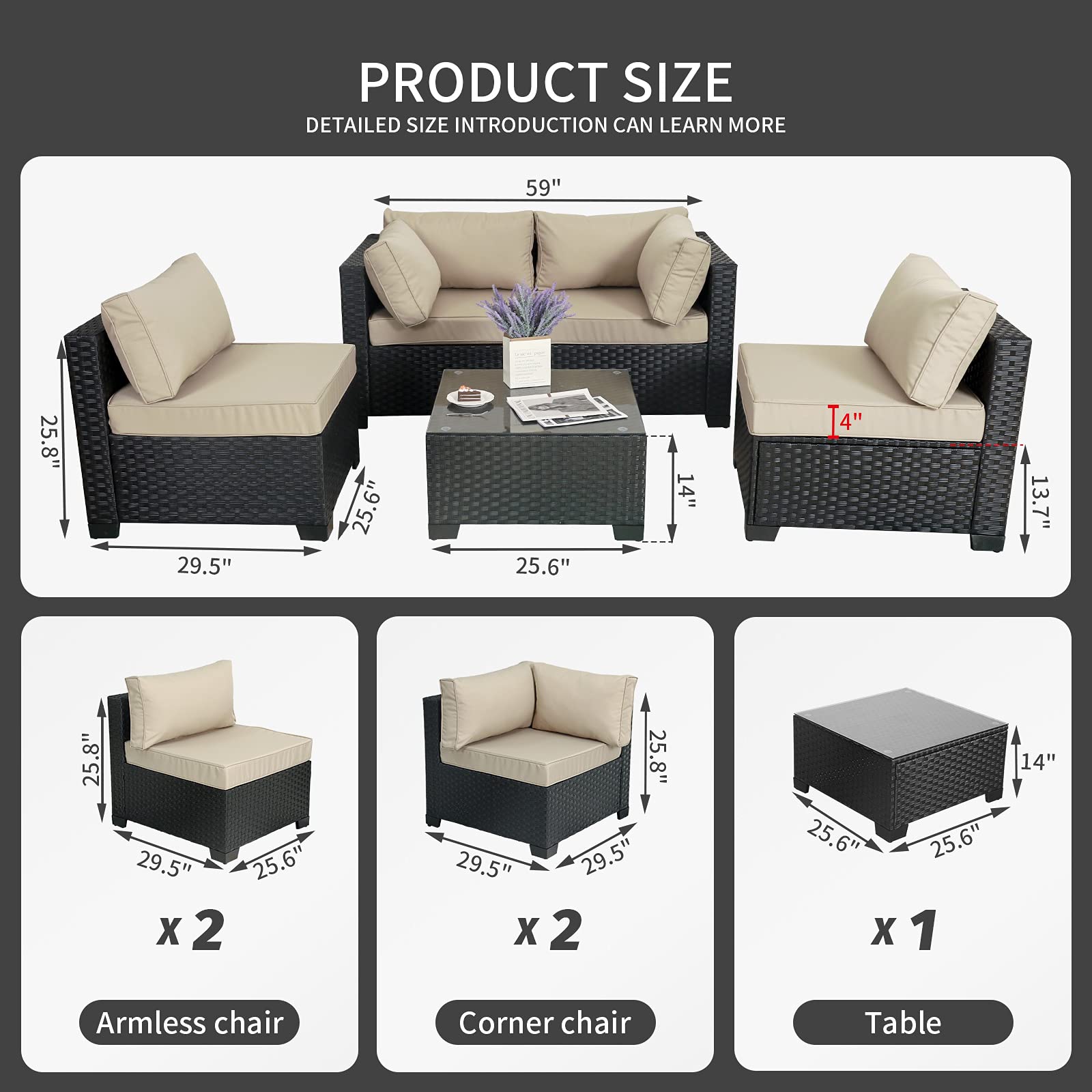 Outdoor Patio PE Wicker 5 Piece Furniture Set, Black Rattan Sectional Conversation Sofa Chair with Coffee Table,Khaki Cushion