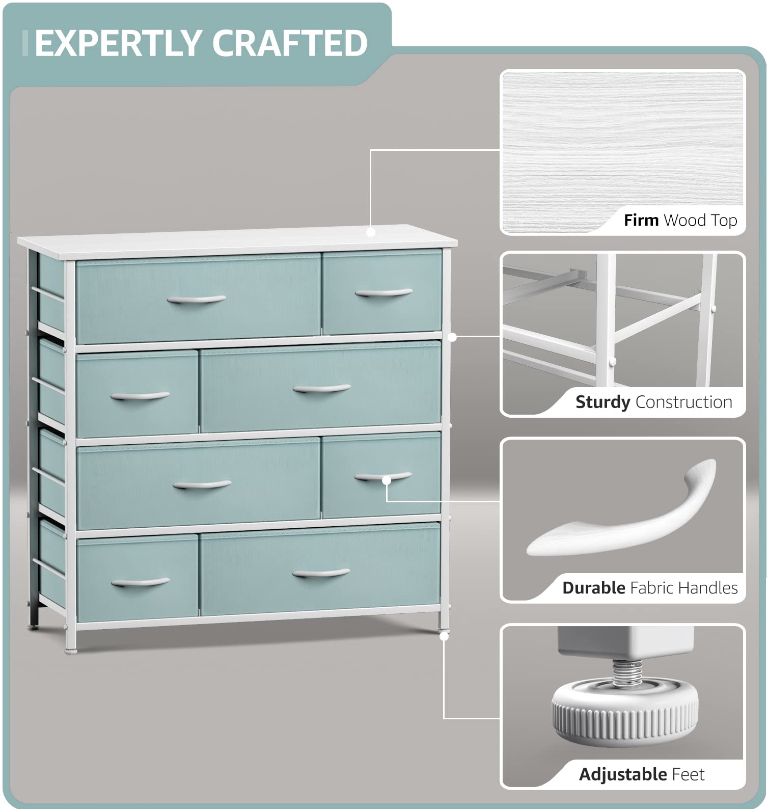 Sorbus Dresser with 8 Drawers - Furniture Storage Chest for Kid’s, Teens, Bedroom, Nursery, Playroom, Clothes, Toys - Steel Frame, Wood Top, Fabric Bins (Aqua)